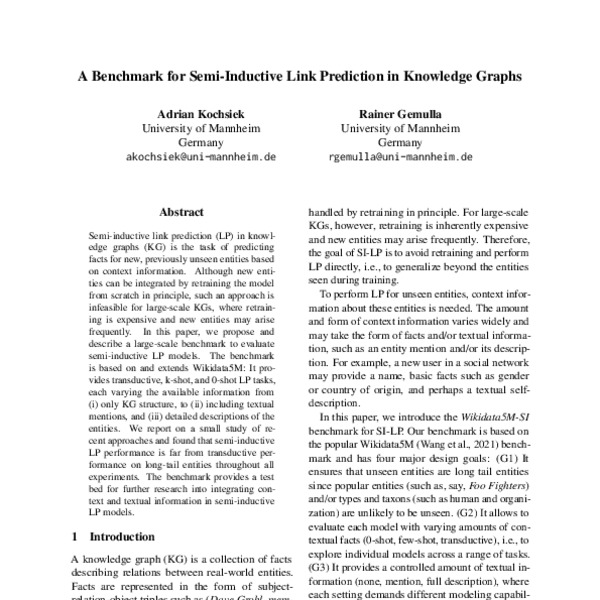 A Benchmark for Semi-Inductive Link Prediction in Knowledge Graphs - ACL Anthology