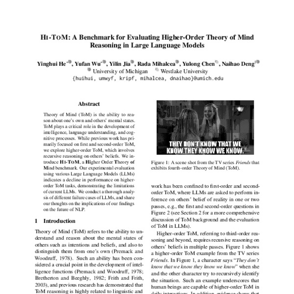 Hi-ToM: A Benchmark for Evaluating Higher-Order Theory of Mind Reasoning in Large Language ...