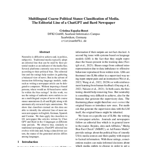 Multilingual Coarse Political Stance Classification of Media. The ...