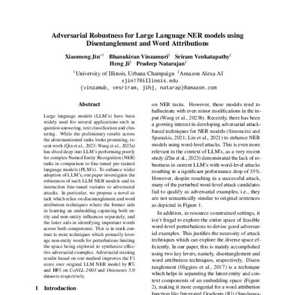 Adversarial Robustness for Large Language NER models using Disentanglement and Word Attributions ...