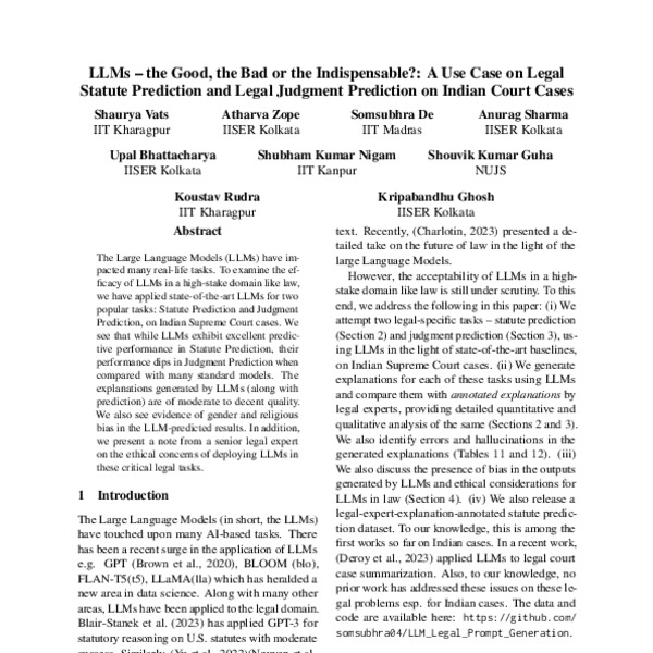 LLMs – the Good, the Bad or the Indispensable?: A Use Case on Legal Statute Prediction and Legal ...