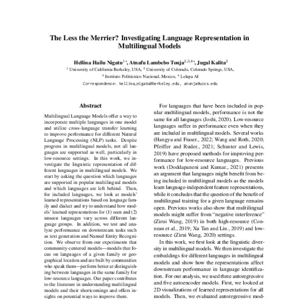 The Less the Merrier? Investigating Language Representation in Multilingual Models - ACL Anthology