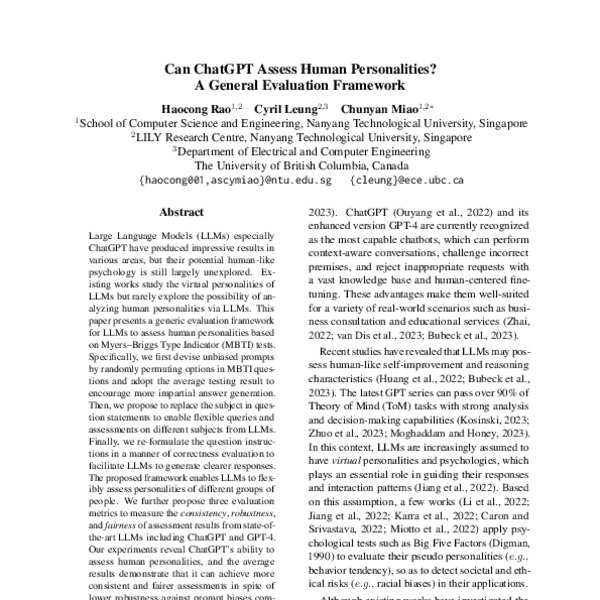 Can ChatGPT Assess Human Personalities? A General Evaluation Framework - ACL Anthology