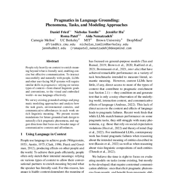 Pragmatics in Language Grounding: Phenomena, Tasks, and Modeling Approaches - ACL Anthology