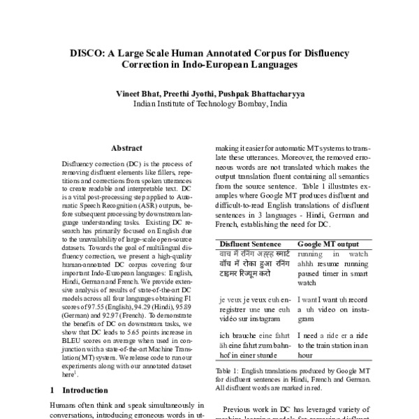 DISCO: A Large Scale Human Annotated Corpus for Disfluency Correction in Indo-European Languages ...