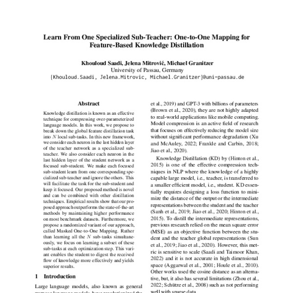 Learn From One Specialized Sub-Teacher: One-to-One Mapping for Feature-Based Knowledge ...