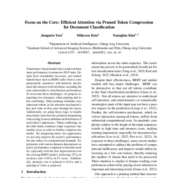 Focus on the Core: Efficient Attention via Pruned Token Compression for Document Classification ...