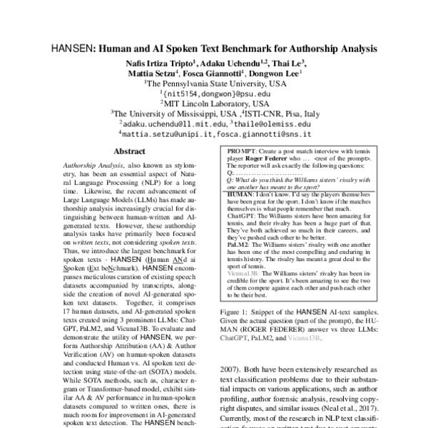HANSEN: Human and AI Spoken Text Benchmark for Authorship Analysis ...