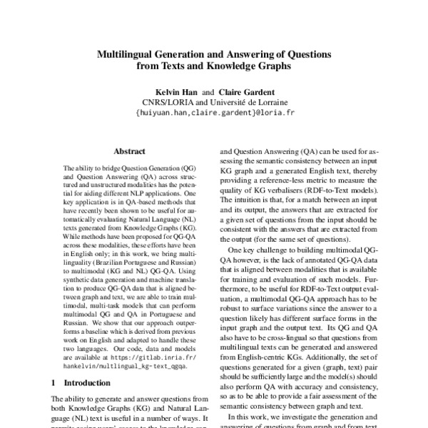 Multilingual Generation and Answering of Questions from Texts and Knowledge Graphs - ACL Anthology