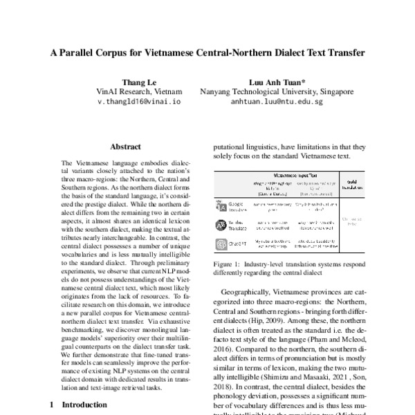 A Parallel Corpus for Vietnamese Central-Northern Dialect Text Transfer ...