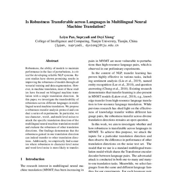 Is Robustness Transferable across Languages in Multilingual Neural ...