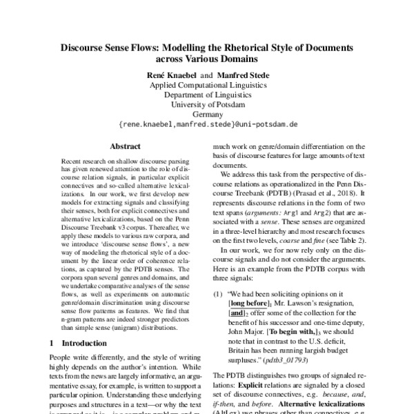 Discourse Sense Flows Modelling The Rhetorical Style Of Documents Across Various Domains Acl