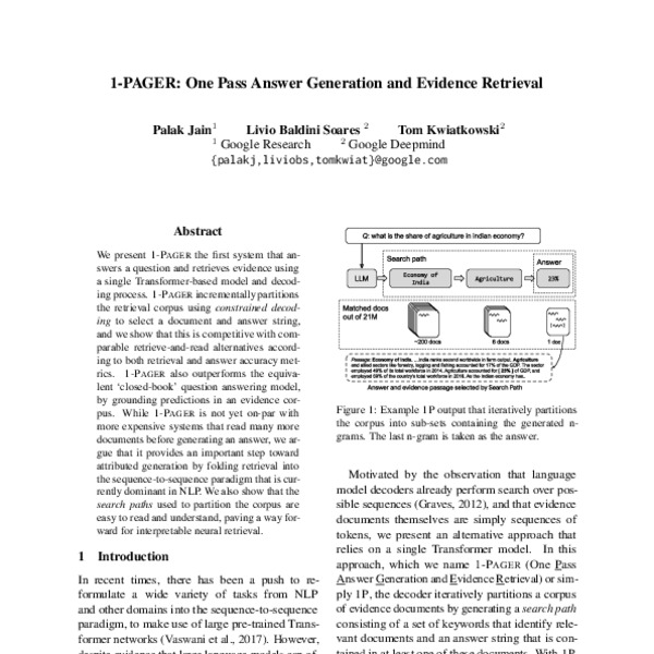 1-PAGER: One Pass Answer Generation and Evidence Retrieval - ACL Anthology