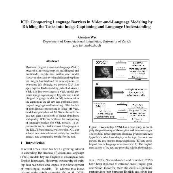 Icu Conquering Language Barriers In Vision And Language Modeling By Dividing The Tasks Into