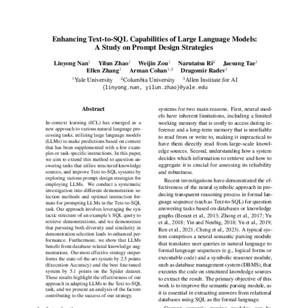 Enhancing Text-to-SQL Capabilities of Large Language Models: A Study on Prompt Design Strategies ...