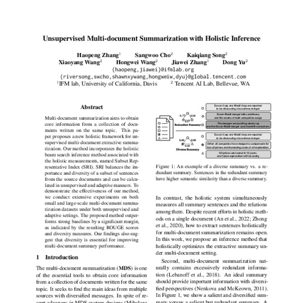 Unsupervised Multi Document Summarization With Holistic Inference Acl
