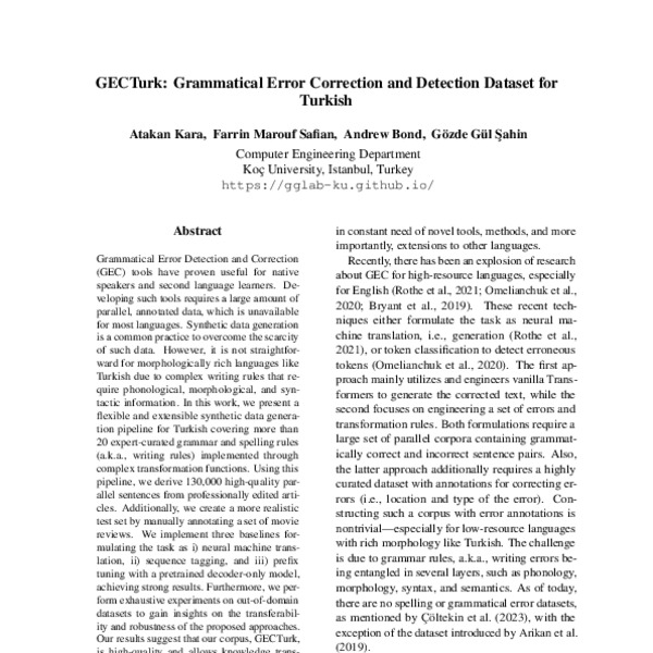 GECTurk: Grammatical Error Correction and Detection Dataset for Turkish - ACL Anthology