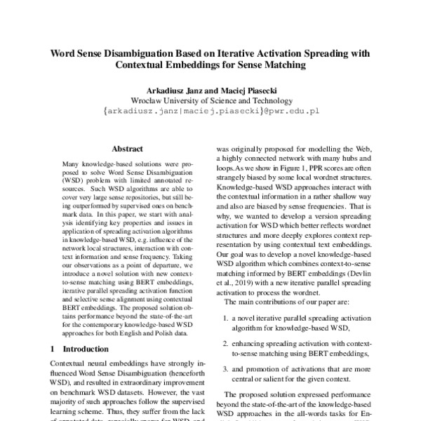 Word Sense Disambiguation Based On Iterative Activation Spreading With Contextual Embeddings For