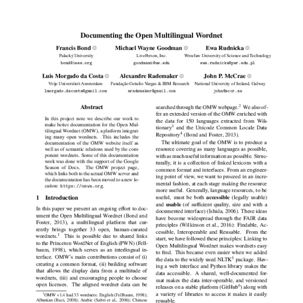 Documenting the Open Multilingual Wordnet - ACL Anthology