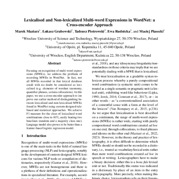 Lexicalised And Non Lexicalized Multi Word Expressions In Wordnet A Cross Encoder Approach