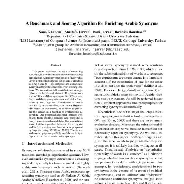 A Benchmark and Scoring Algorithm for Enriching Arabic Synonyms - ACL ...