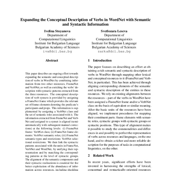 Expanding the Conceptual Description of Verbs in WordNet with Semantic and Syntactic Information ...
