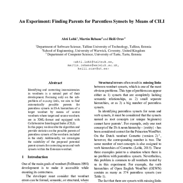An Experiment: Finding Parents for Parentless Synsets by Means of CILI ...