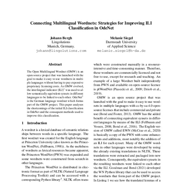 Connecting Multilingual Wordnets: Strategies for Improving ILI Classification in OdeNet - ACL ...