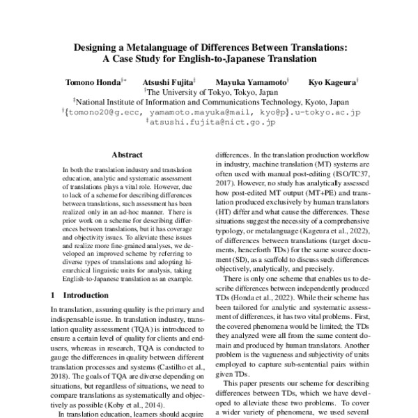 Designing a Metalanguage of Differences Between Translations: A Case ...