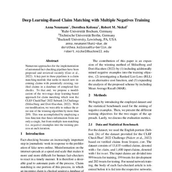 Deep Learning Based Claim Matching With Multiple Negatives Training Acl Anthology