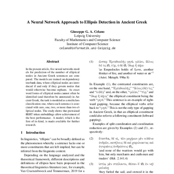 A Neural Network Approach to Ellipsis Detection in Ancient Greek - ACL ...