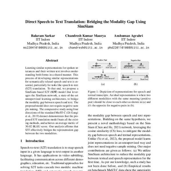 Direct Speech to Text Translation: Bridging the Modality Gap Using SimSiam - ACL Anthology