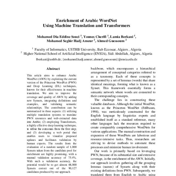 Enrichment of Arabic WordNet Using Machine Translation and Transformers - ACL Anthology