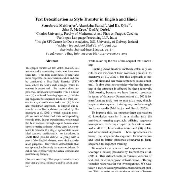 Text Detoxification as Style Transfer in English and Hindi - ACL Anthology