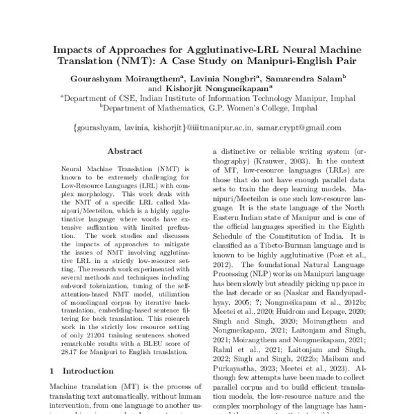 Impacts of Approaches for Agglutinative-LRL Neural Machine Translation ...