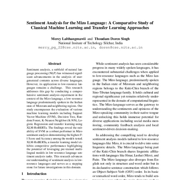 Sentiment Analysis for the Mizo Language: A Comparative Study of ...