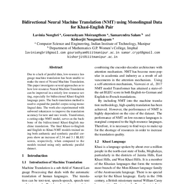 Bidirectional Neural Machine Translation (NMT) using Monolingual Data for Khasi-English Pair ...
