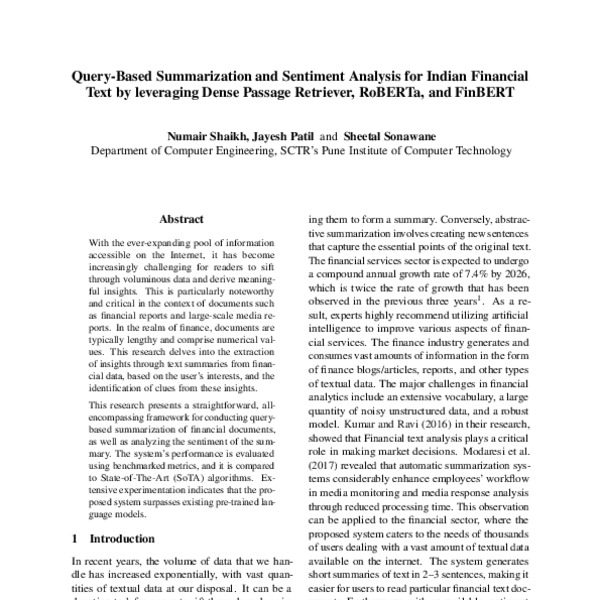 Query Based Summarization And Sentiment Analysis For Indian Financial
