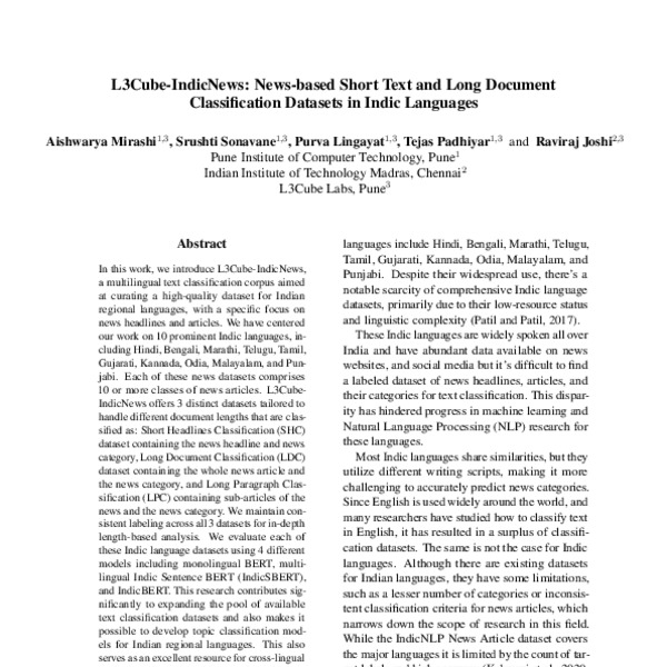 L3Cube-IndicNews: News-based Short Text and Long Document Classification Datasets in Indic ...