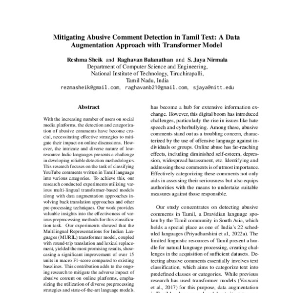 Mitigating Abusive Comment Detection in Tamil Text: A Data Augmentation Approach with ...