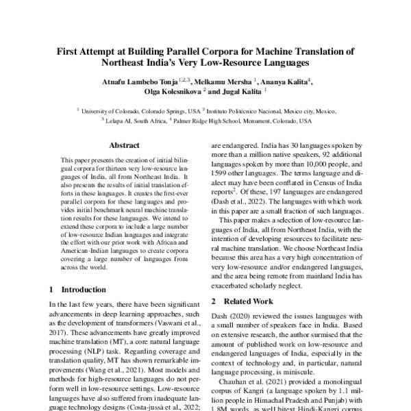 First Attempt at Building Parallel Corpora for Machine Translation of Northeast India’s Very Low ...