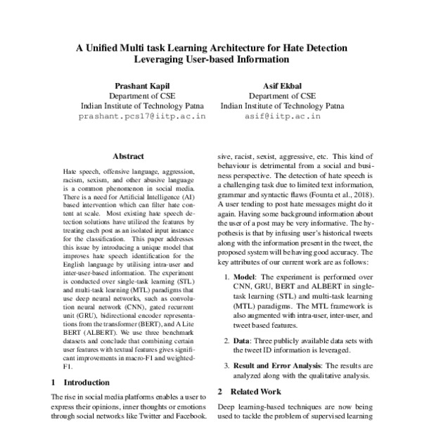 A Unified Multi task Learning Architecture for Hate Detection Leveraging User-based Information ...