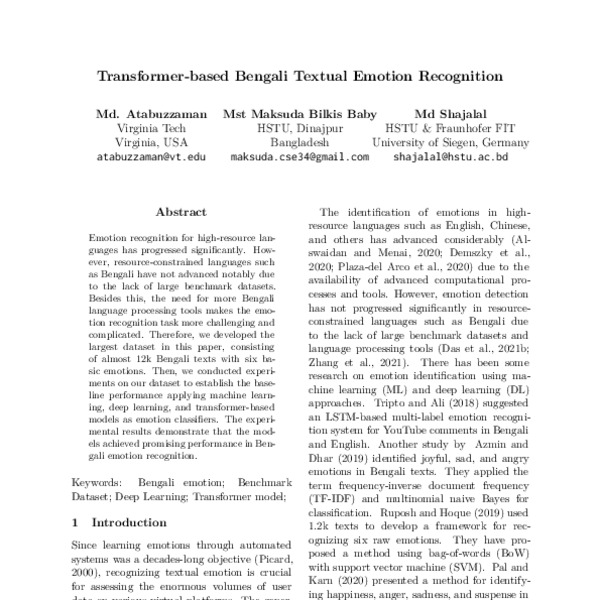 Transformer-based Bengali Textual Emotion Recognition - ACL Anthology