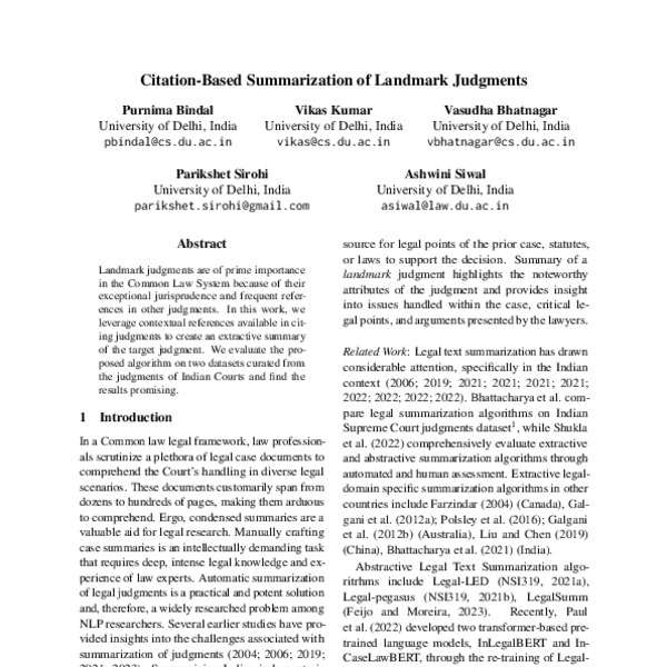 Citation-Based Summarization of Landmark Judgments - ACL Anthology