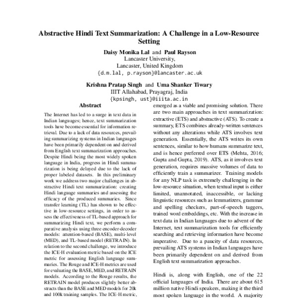 Abstractive Hindi Text Summarization: A Challenge in a Low-Resource Setting - ACL Anthology