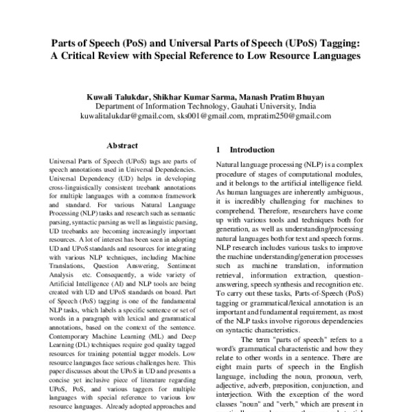 Parts of Speech (PoS) and Universal Parts of Speech (UPoS) Tagging: A Critical Review with ...