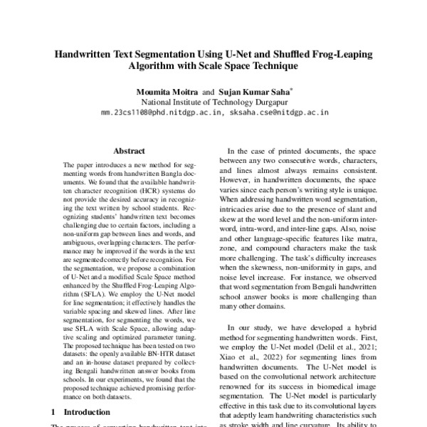 Handwritten Text Segmentation Using U-Net and Shuffled Frog-Leaping Algorithm with Scale Space ...