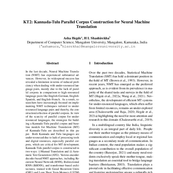 KT2: Kannada-Tulu Parallel Corpus Construction for Neural Machine ...