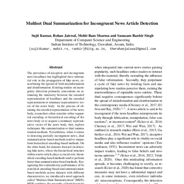 Multiset Dual Summarization for Incongruent News Article Detection ...