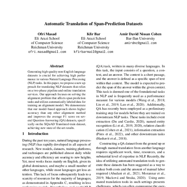 Automatic Translation Of Span Prediction Datasets Acl Anthology